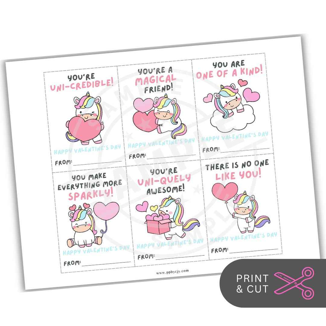 Unicorn-Themed Valentines Printable Sheet | Set of 6 Magical Love Cards ...