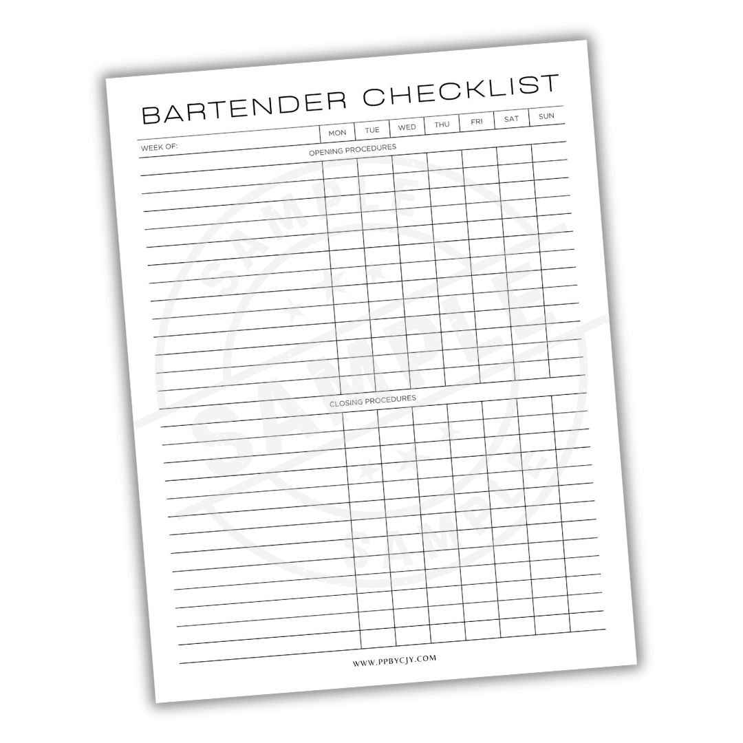 Bartender Checklist Printable PDF Template | Bar Opening & Closing Log ...