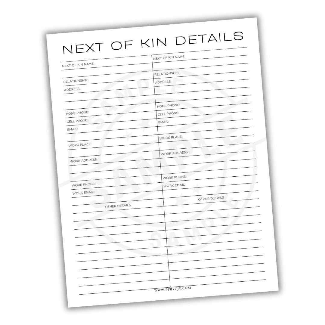Next of Kin Details Printable PDF | Emergency Contact Information Sheet ...