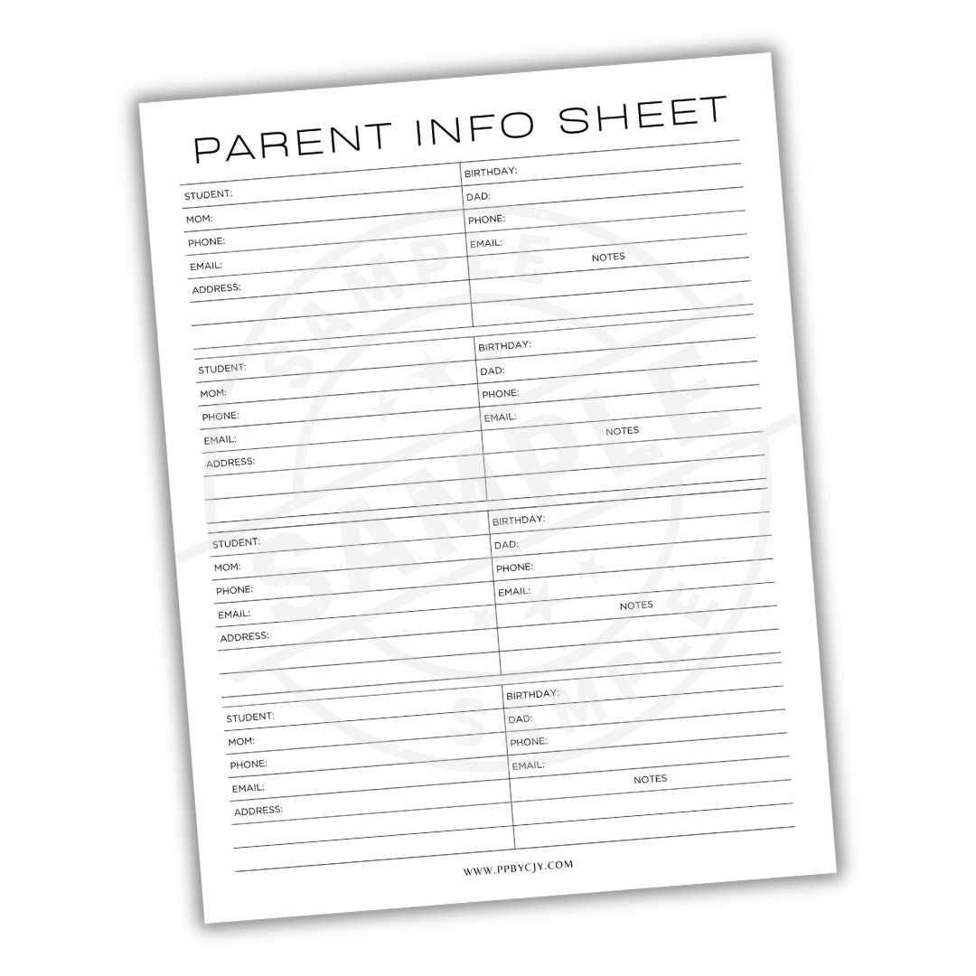 Parent Contact Information Sheet Printable PDF | Teacher & School Use ...