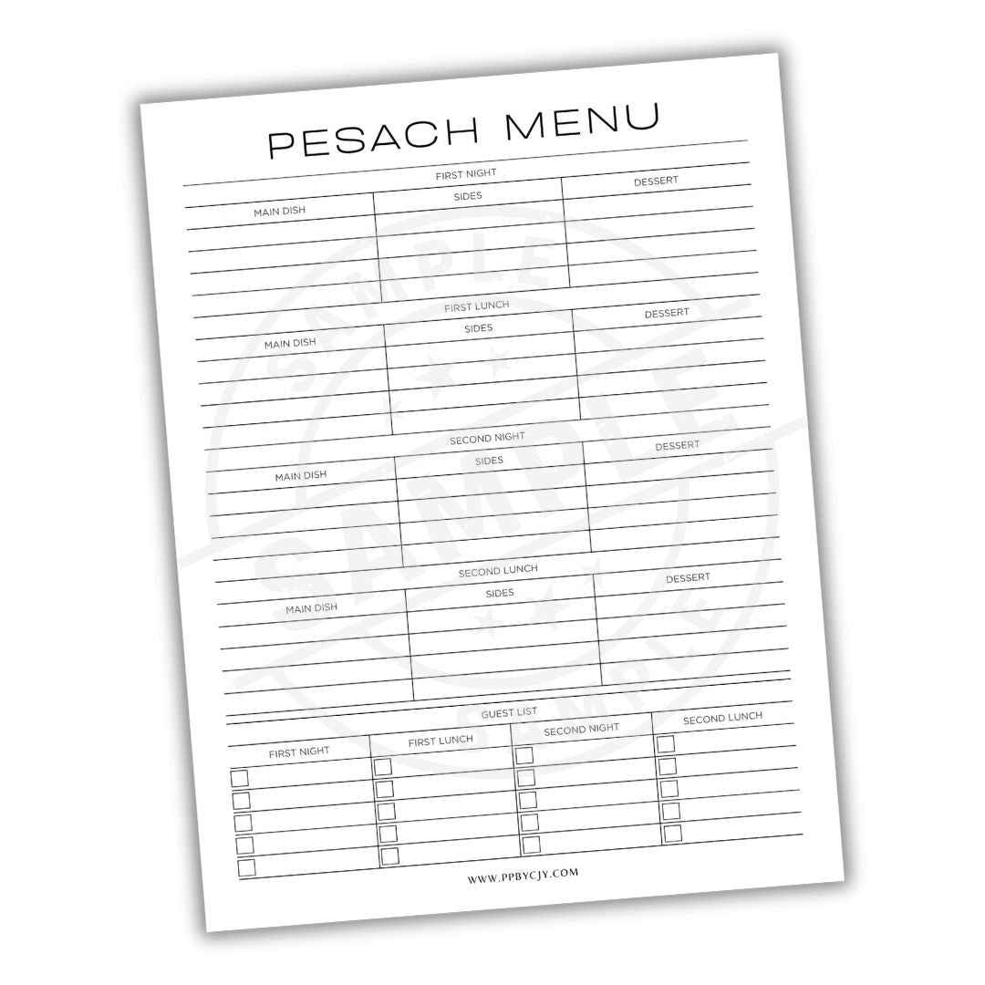 Pesach Menu Planner PDF | Printable Holiday Meal Organizer – Printable ...
