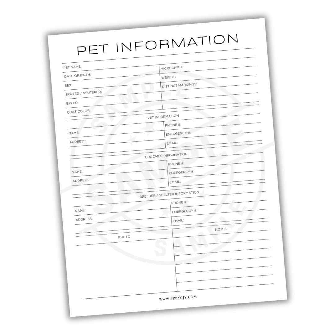 Pet Information Sheet Printable PDF | Pet Care & Emergency Details ...