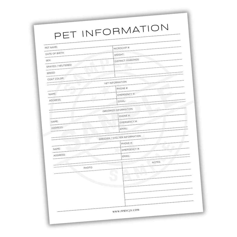 Pet Information Sheet Printable PDF | Pet Care & Emergency Details ...