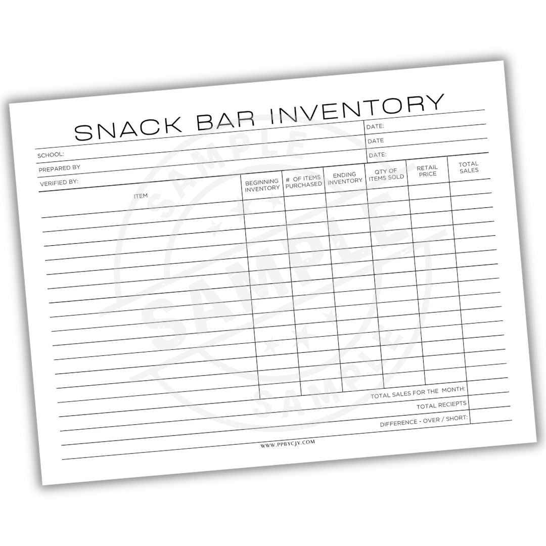 Snack Bar Inventory Printable PDF | Track Items, Quantities & Restocks ...