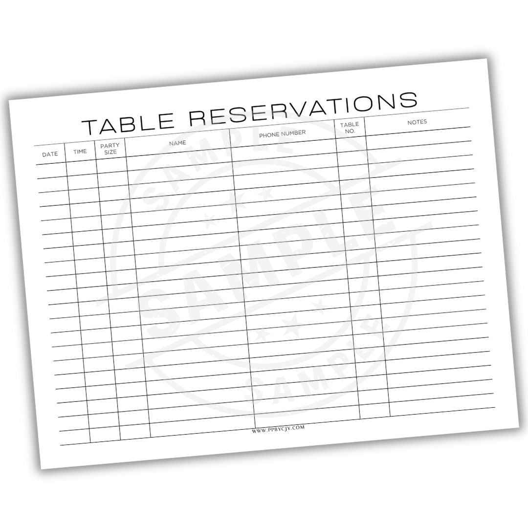 Restaurant Table Reservations Sheet Printable PDF Template for Easy ...