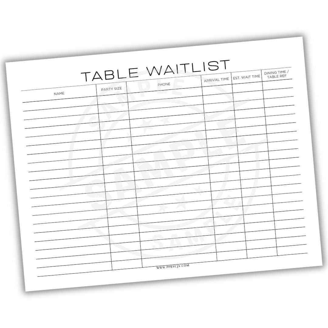 Table Waitlist Printable PDF Template for Restaurant Guest Tracking ...