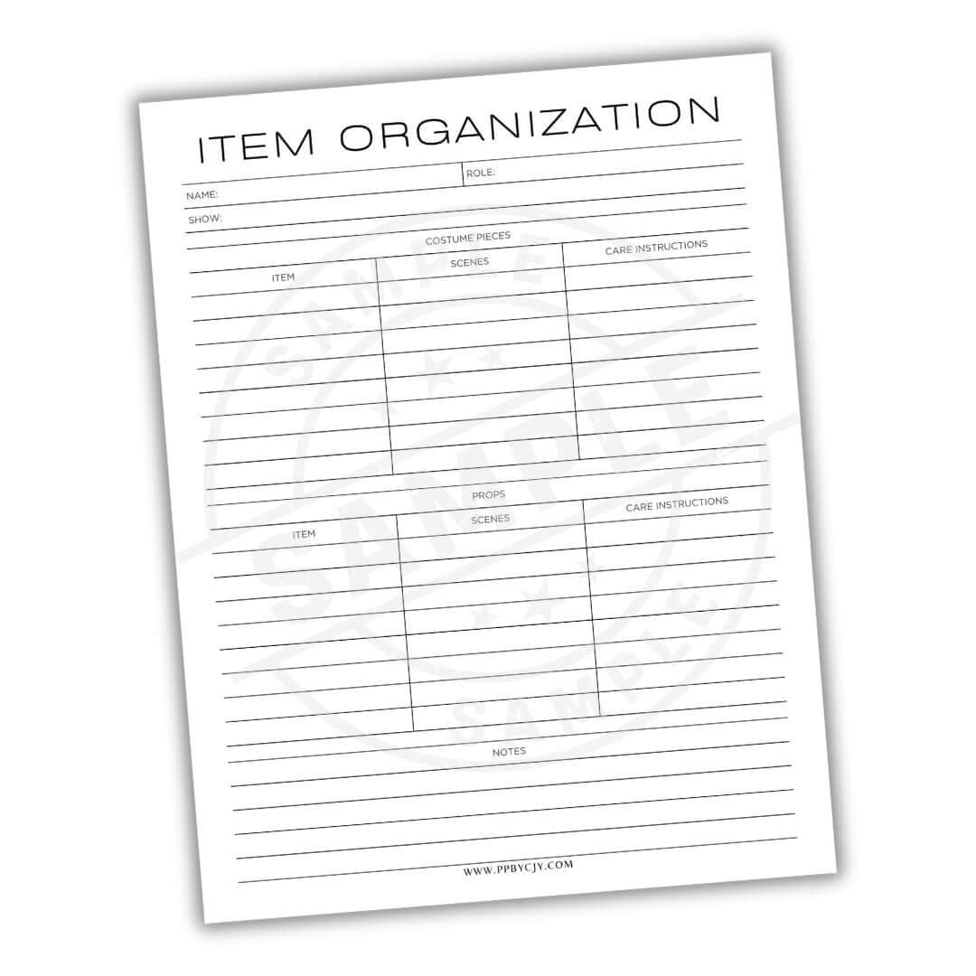 Theater Item Organization List Printable | Props & Costumes Log ...